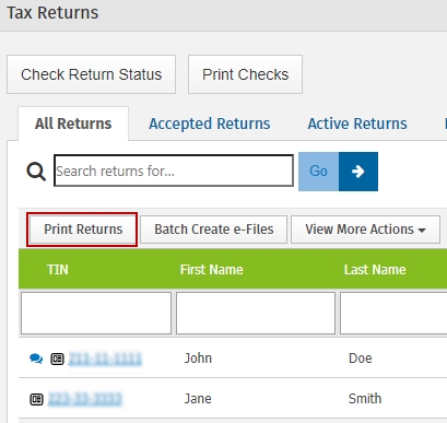 Print returns from the return list